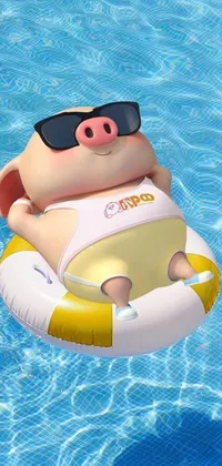 Pig on inflatable raft in pool Live Wallpaper - free download