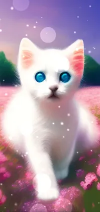 Flower Field White Cat: Cute Live Wallpaper